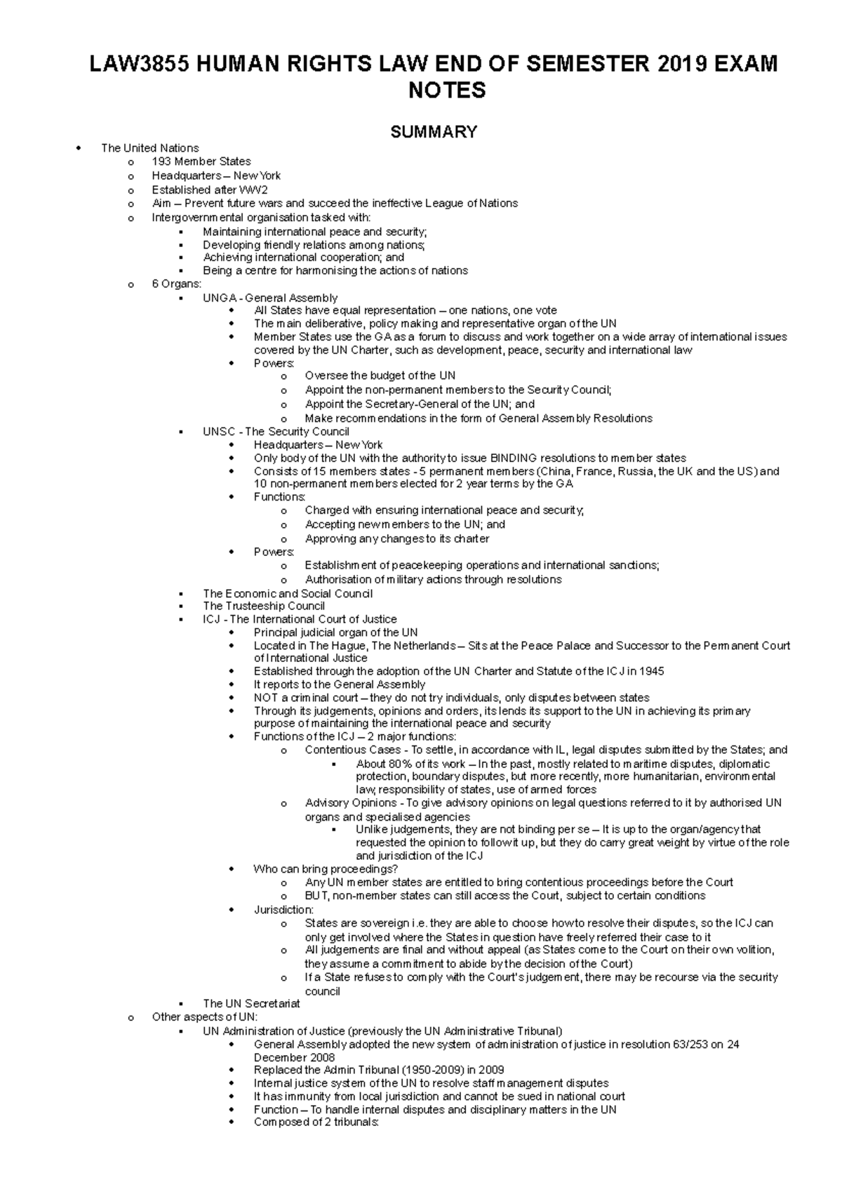 LAW3855 Human Rights LAW END OF Semester 2019 EXAM Notes - LAW3855 ...