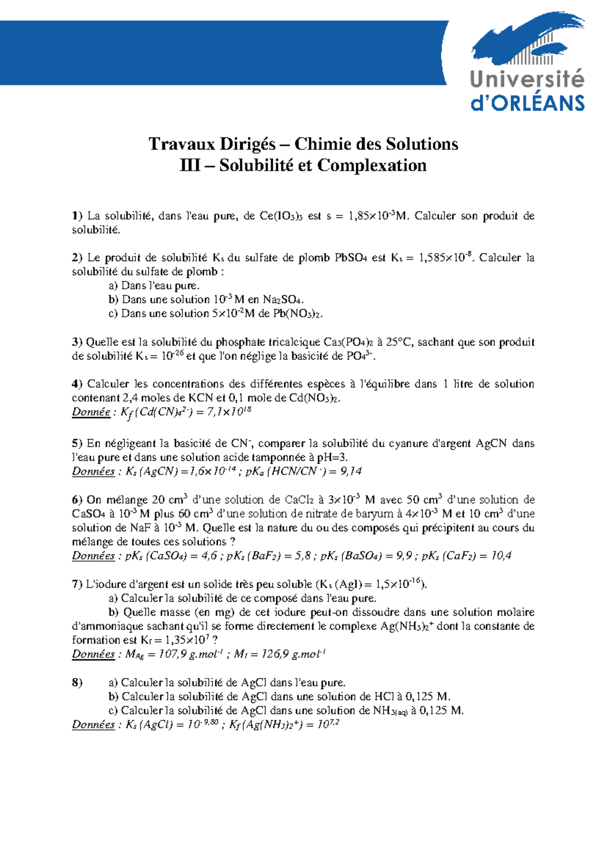TD3-L1-S2-SOL-COMP 23-24 - Travaux Dirigés – Chimie des Solutions III – Solubilité et ...