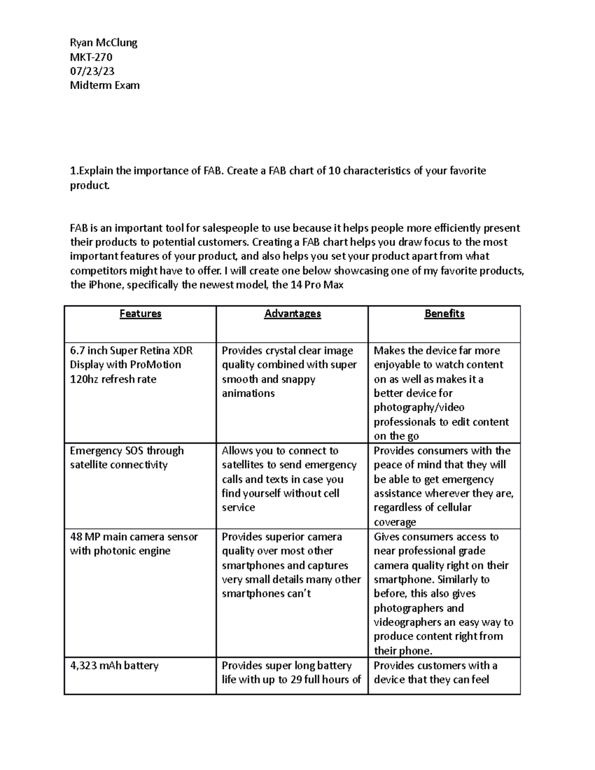 MKT-270 Midterm Exam - MKT- 07/23/ Midterm Exam 1 the importance of FAB ...