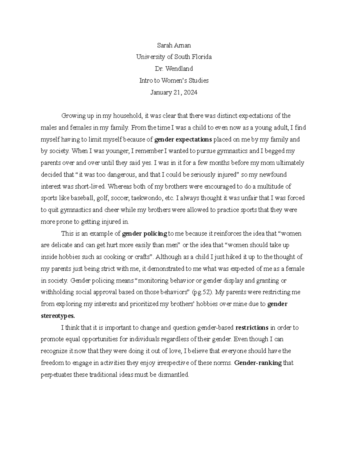 Women Studies DB 1 - Discussion board - Sarah Arnan University of South ...