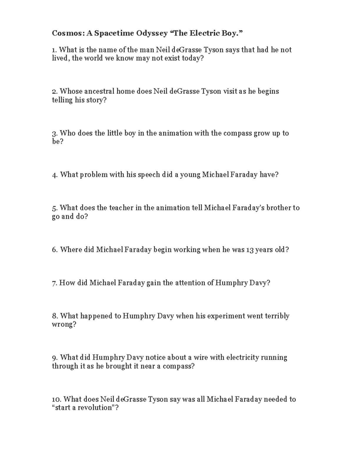 Cosmos Electric Boy Handout - Cosmos: A Spacetime Odyssey “The Electric ...