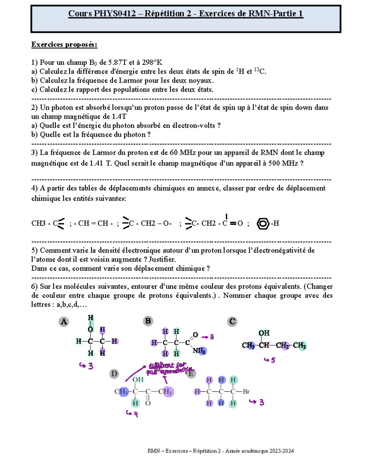 PHYS0412-Répétition 2 - Enoncés-Exercices-2023-2024 - RMN – Exercices ...