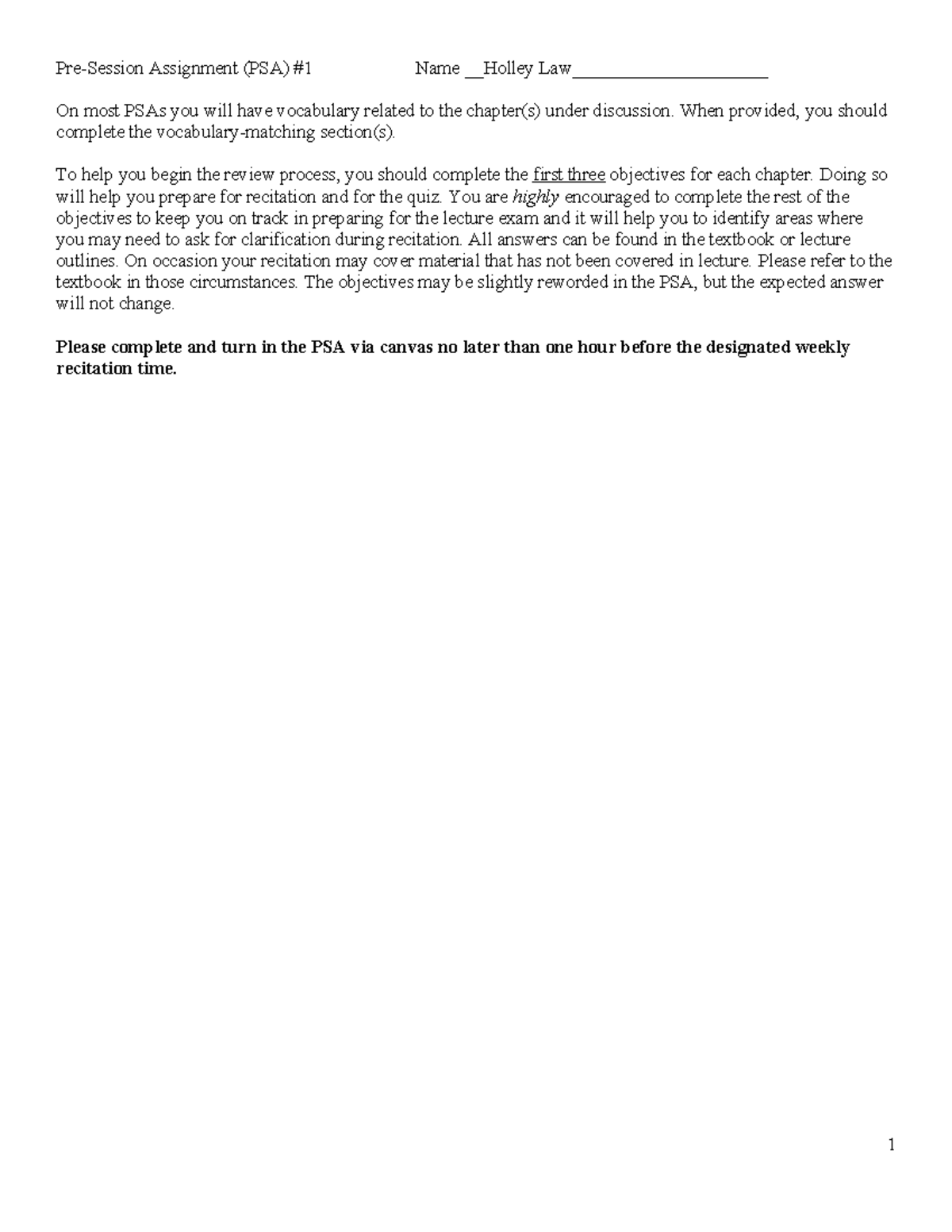 PSA 1 SP24 - Pre-Session Assignment (PSA) #1 Name Holley Law ...