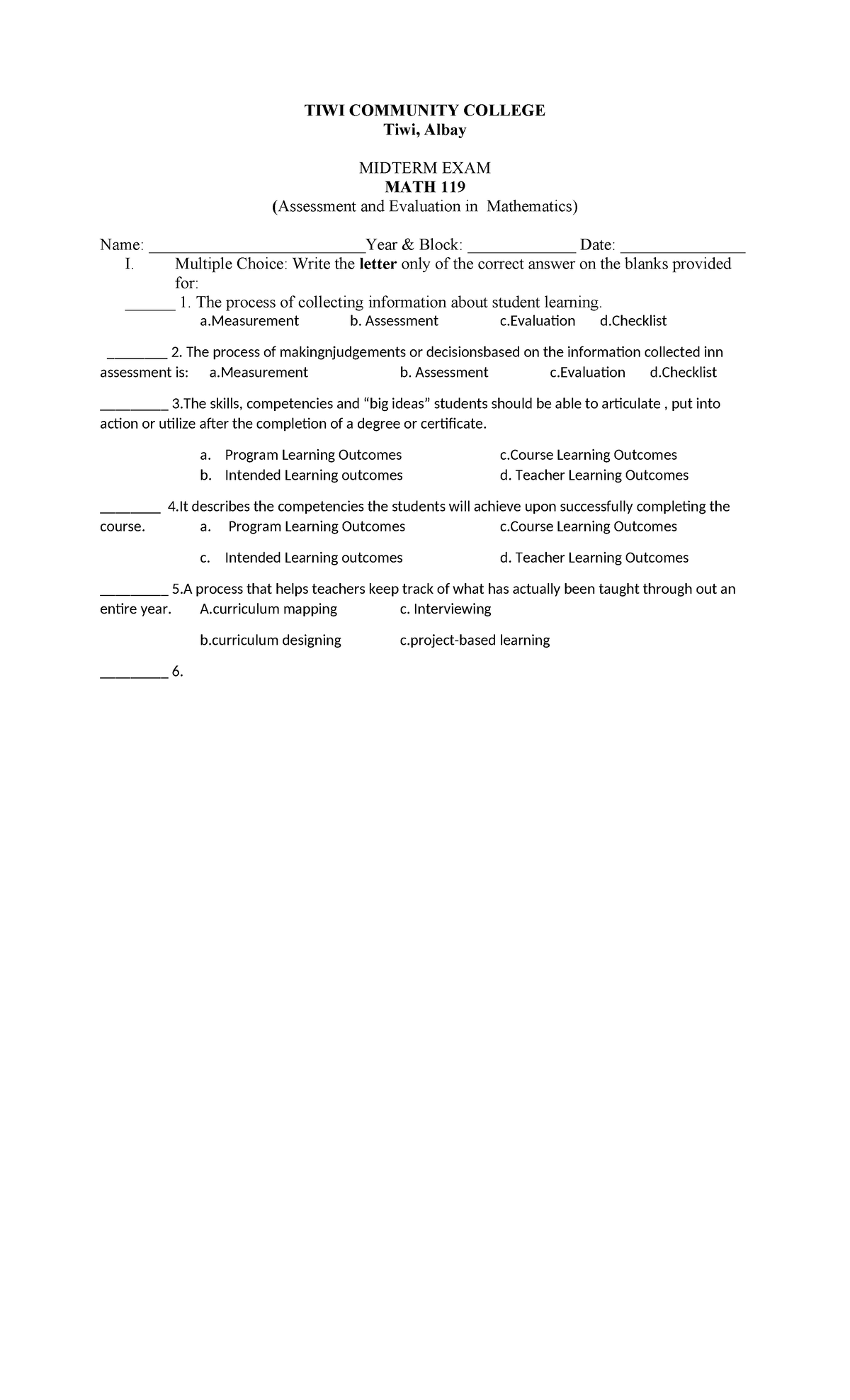Math 119 Midterm 2024 - final exam - TIWI COMMUNITY COLLEGE Tiwi, Albay MIDTERM EXAM MATH 119 ...