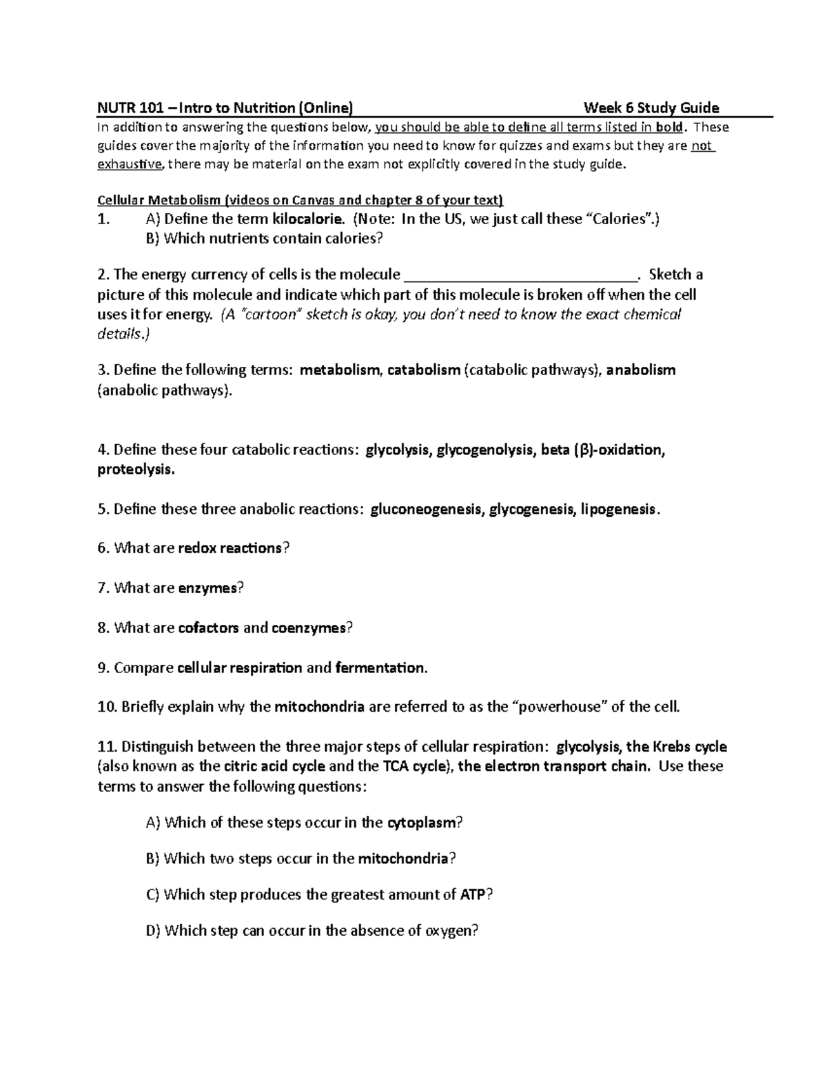 Week 6 Study Guide - NUTR 101 – Intro to Nutrition (Online) In addition ...