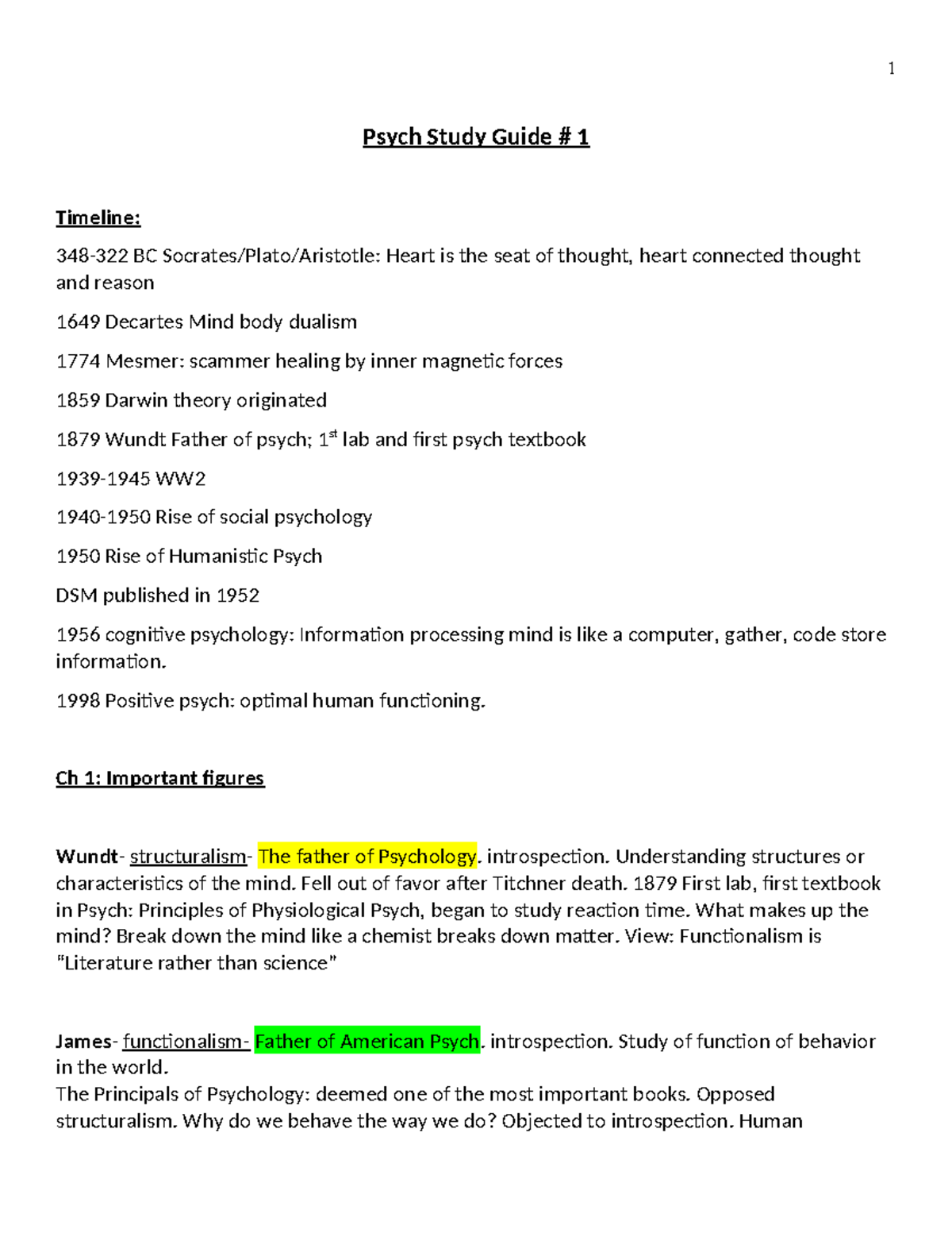 Psych Study Guide 1 - 1998 Positive psych: optimal human functioning ...