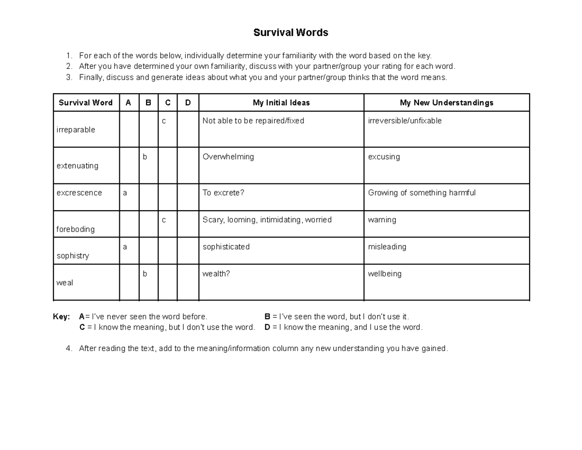 Survival words - Survival Words For each of the words below ...