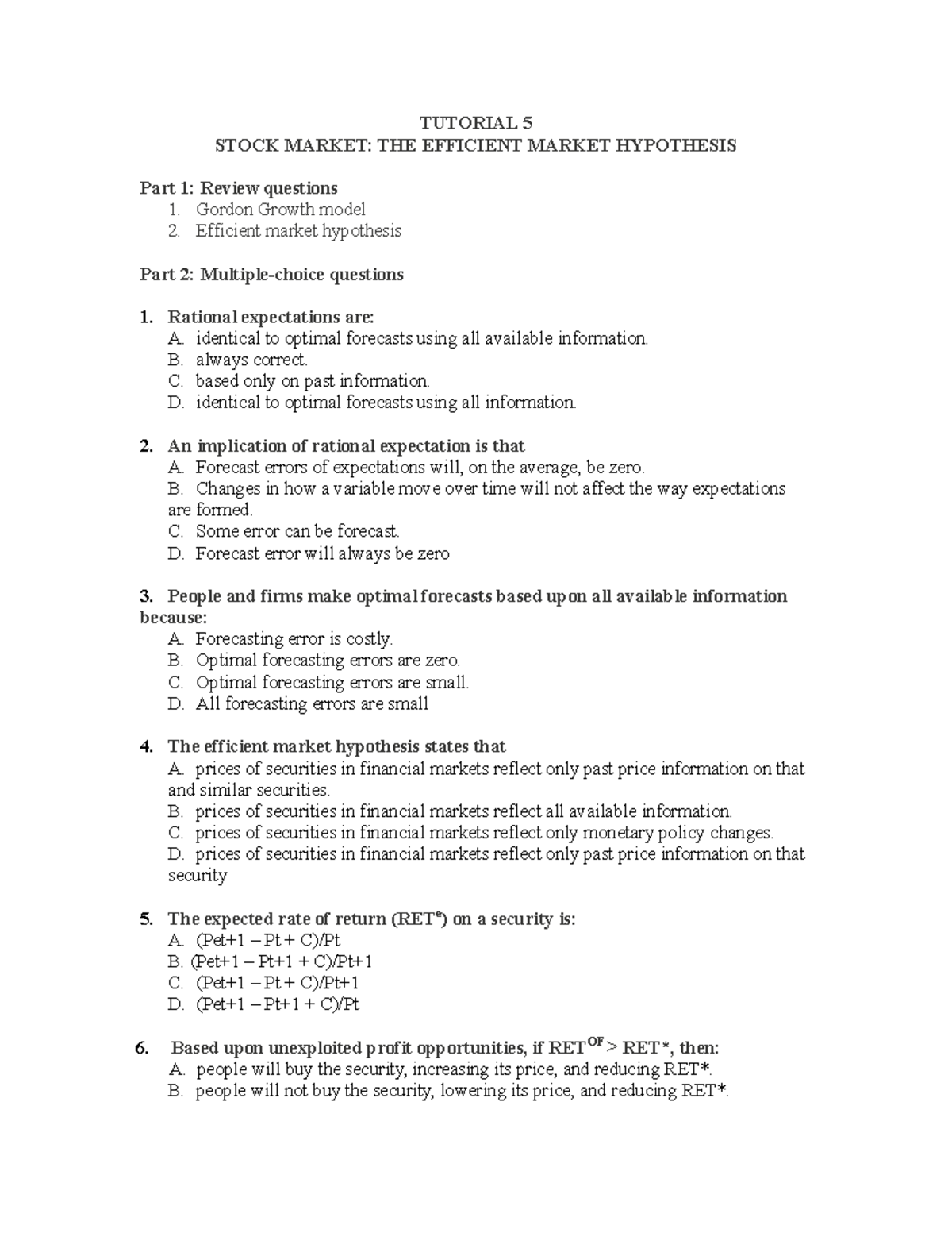 Tutorial 5 questions - TUTORIAL 5 STOCK MARKET: THE EFFICIENT MARKET ...