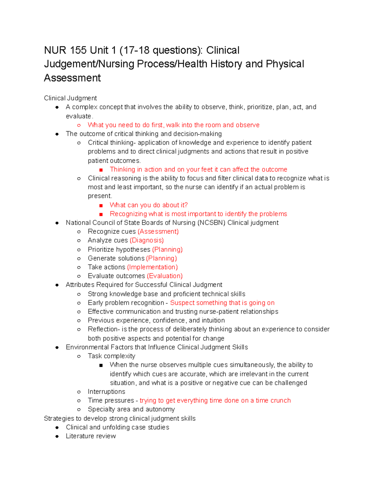 NUR 155: Exam 1 - NUR 155 Unit 1 (17-18 questions): Clinical Judgement ...