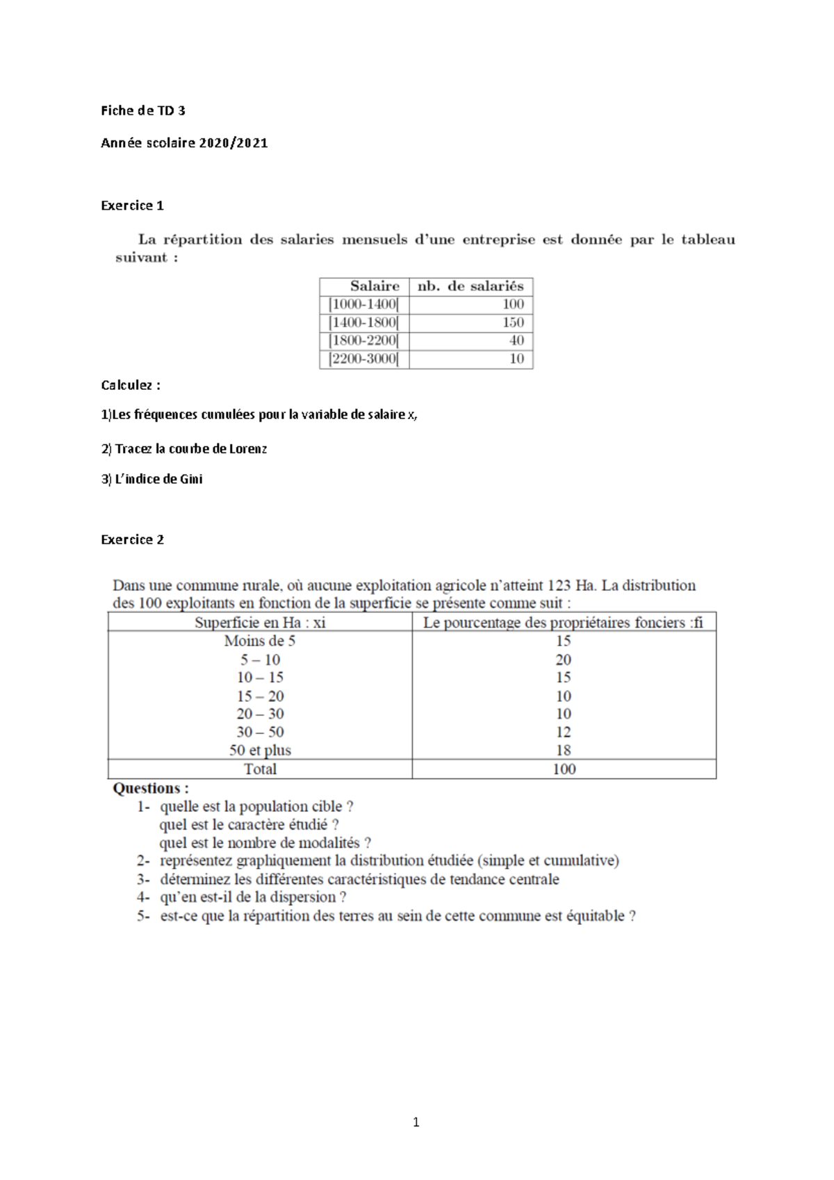 Fiche TD3 fin al avec correction - Fiche de TD 3 Année scolaire 2020/ Exercice 1 Calculez : 1 ...