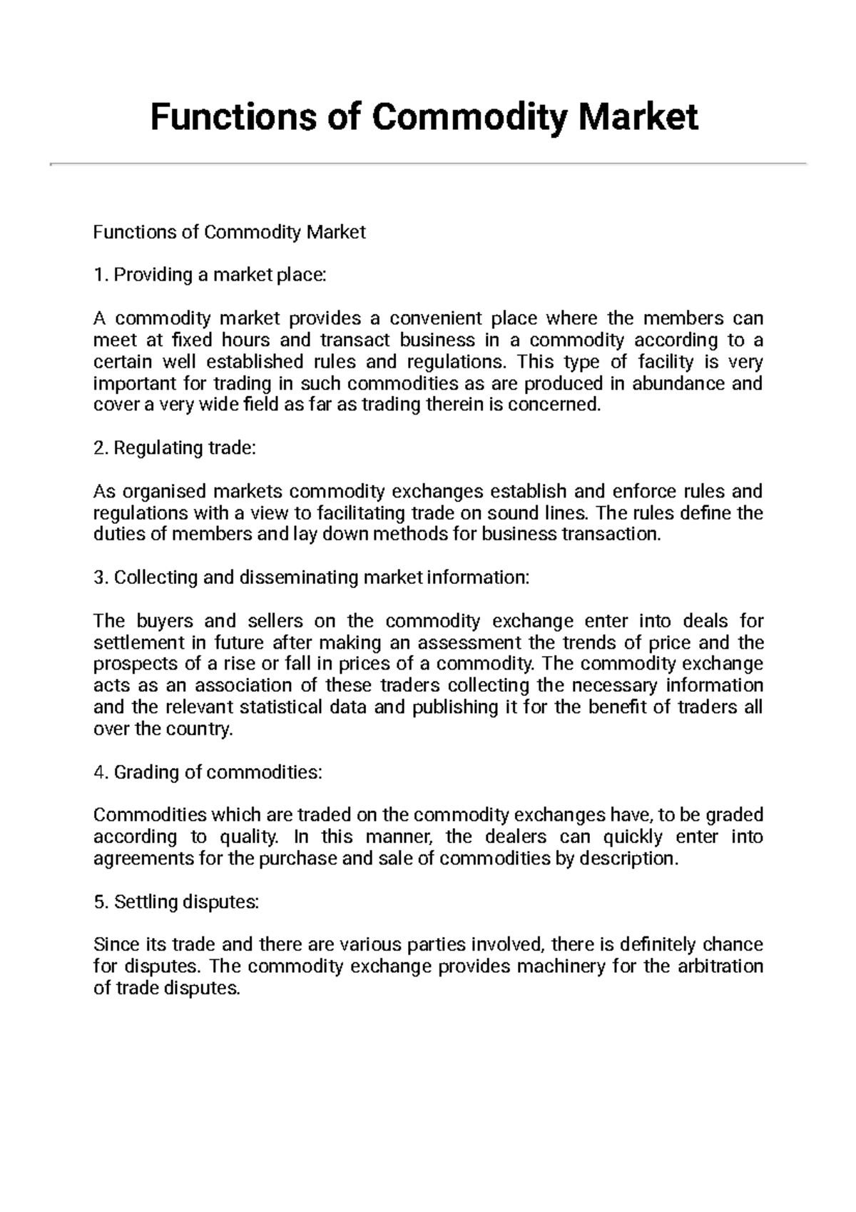 Lecture note - Functions of Commodity Market - Functions of Commodity ...