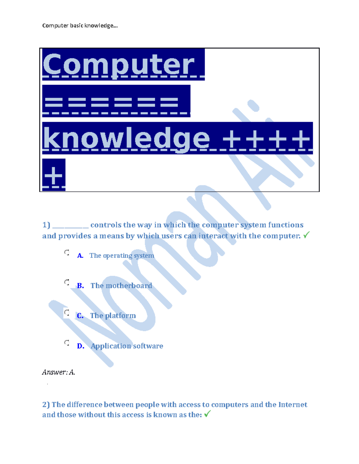 MCQS of pc docx - Mcqs and answer - Computer ====== knowledge ++++ + 1 ...