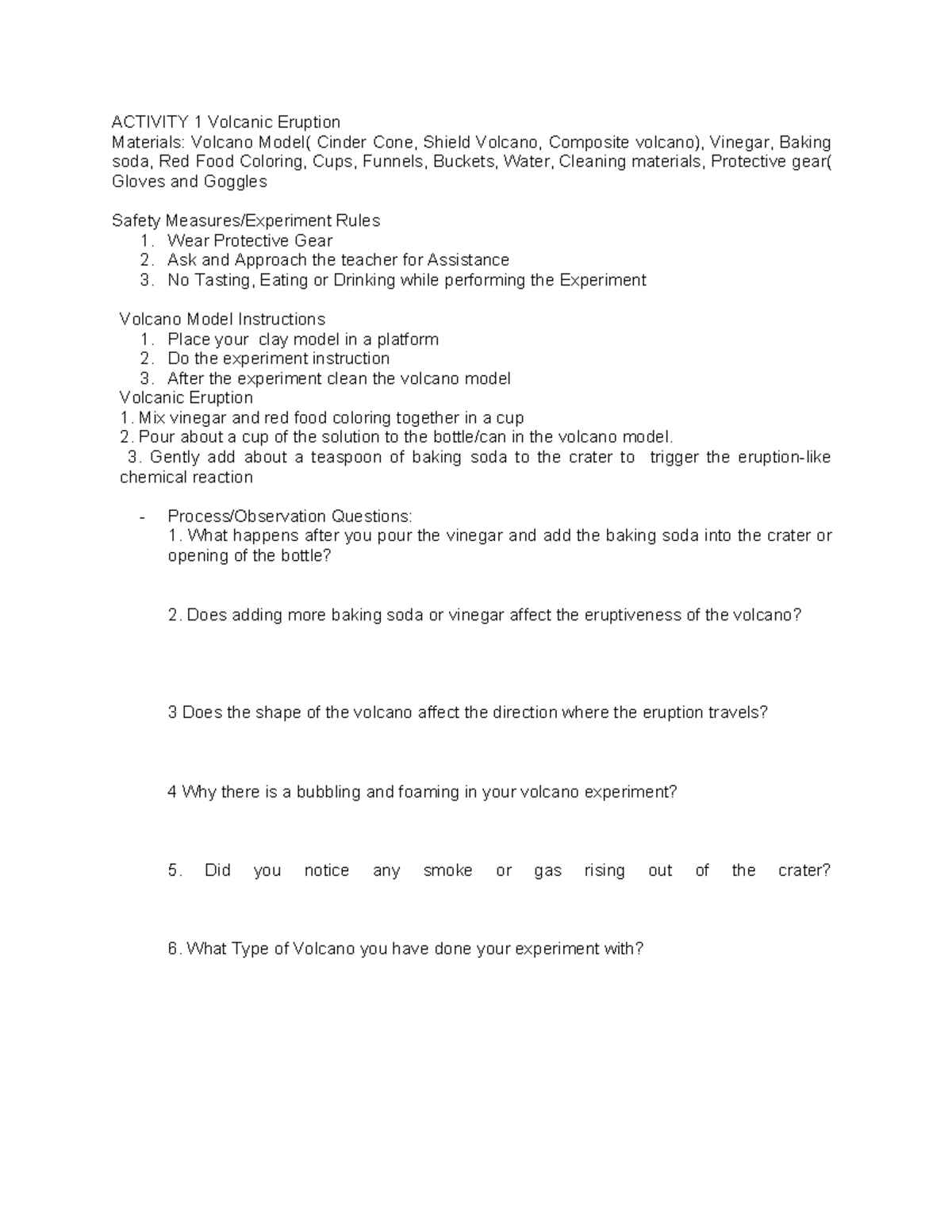 Experiment Procedures - ACTIVITY 1 Volcanic Eruption Materials: Volcano ...