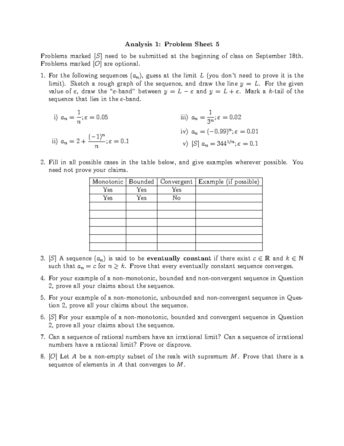 Problem sheet 5 - analysis assignment - Analysis 1: Problem Sheet 5 Problems marked [S] need to ...