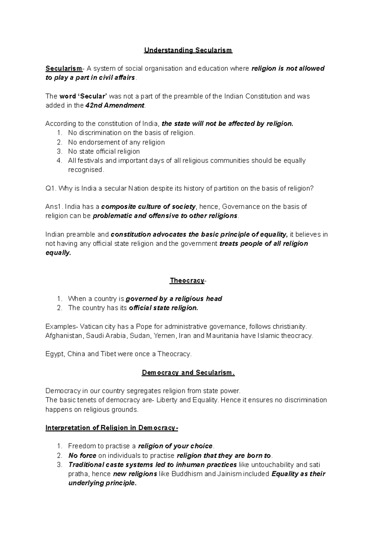 Secularism Notes - Understanding Secularism Secularism- A system of ...