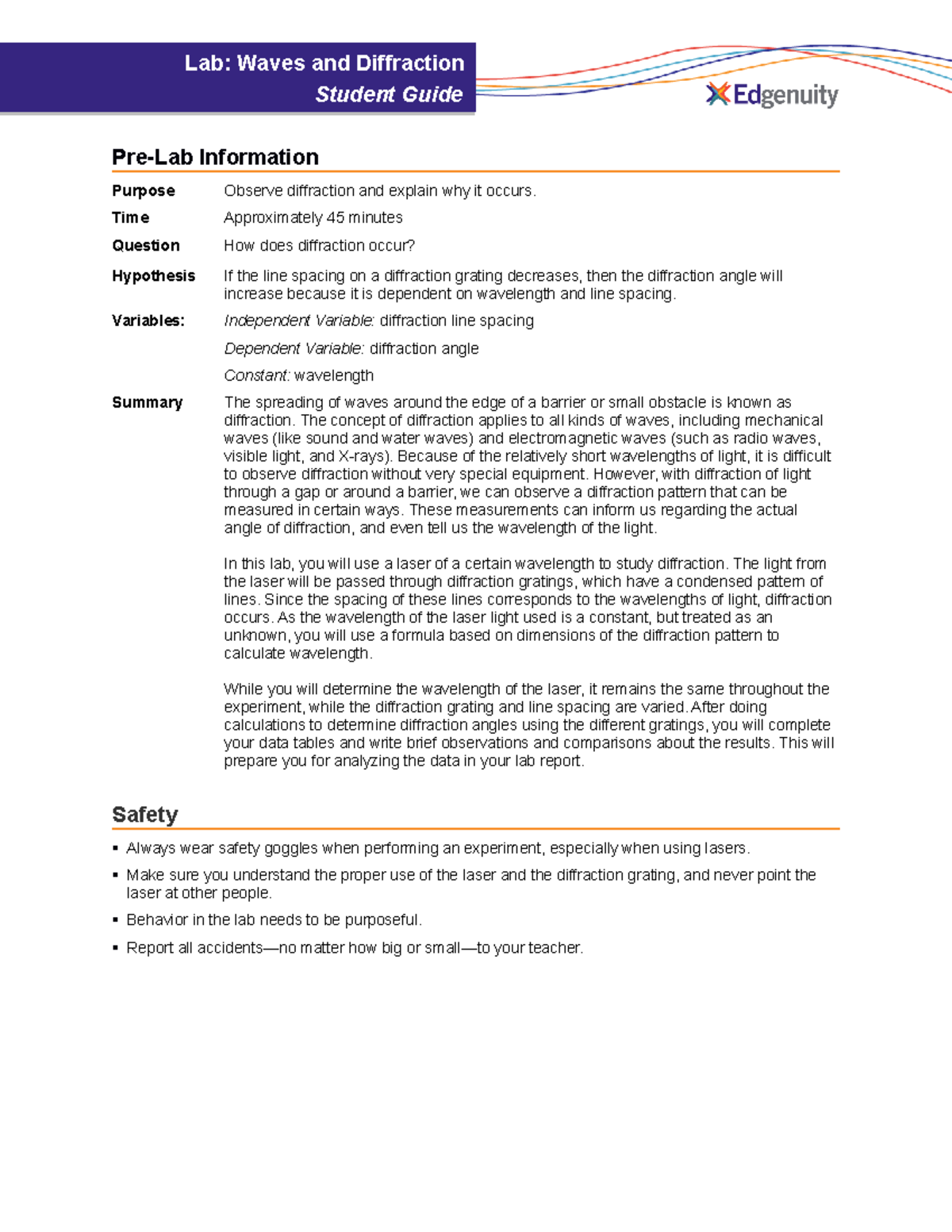Wet Lab Guide - Waves and Diffraction- SG - Pre-Lab Information Purpose Observe diffraction and ...