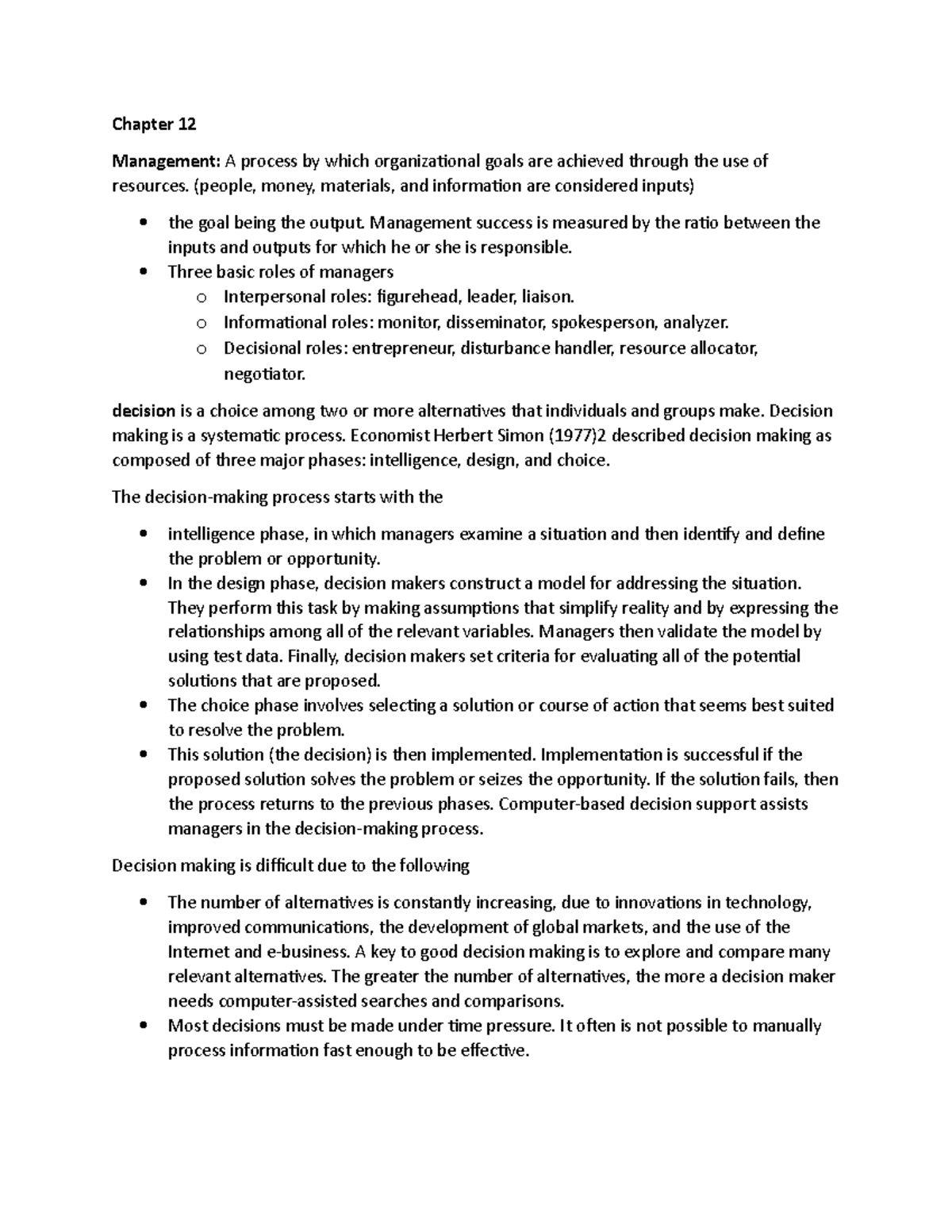 Chapter 12 - summary - Chapter 12 Management: A process by which ...