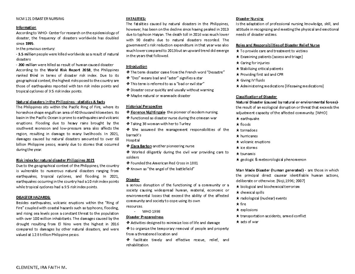 NCM 121 Disaster Nursing - CLEMENTE, IRA FAITH M. NCM 121 DISASTER ...