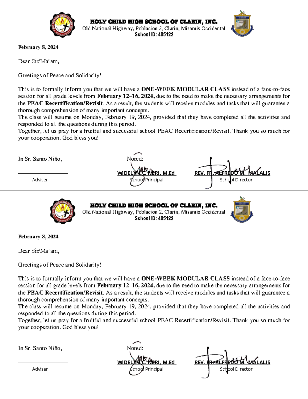 Letter for modular class - HOLY CHILD HIGH SCHOOL OF CLARIN, INC. Old ...