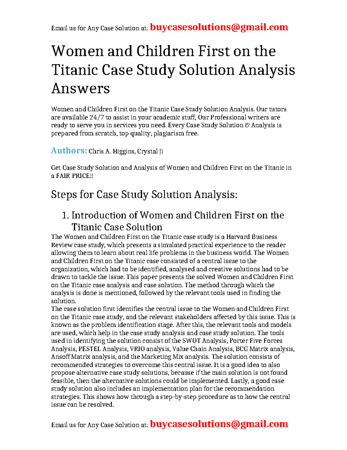 Case Solution Women and Children First on the Titanic - Women and Children First on the Titanic ...