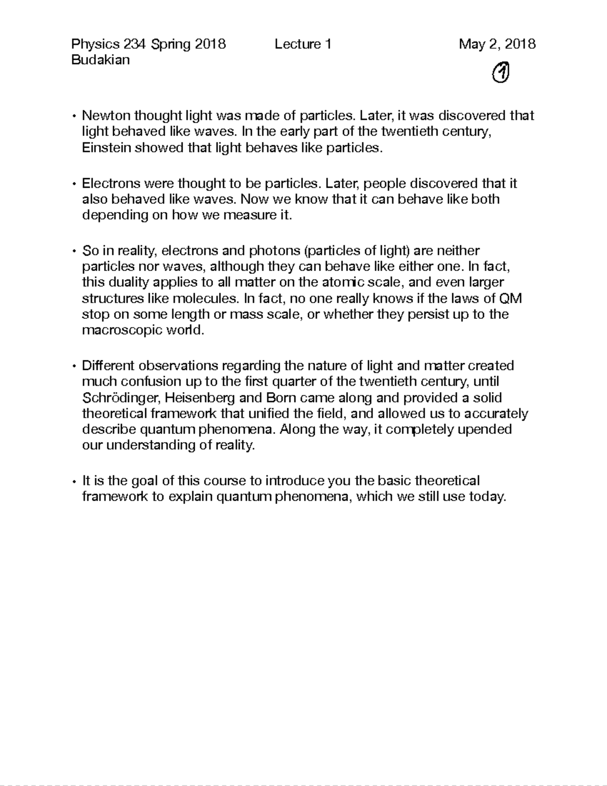 Lecture 1 234 Quantum 1 - Physics 234 Spring 2018 Budakian Lecture 1 ...