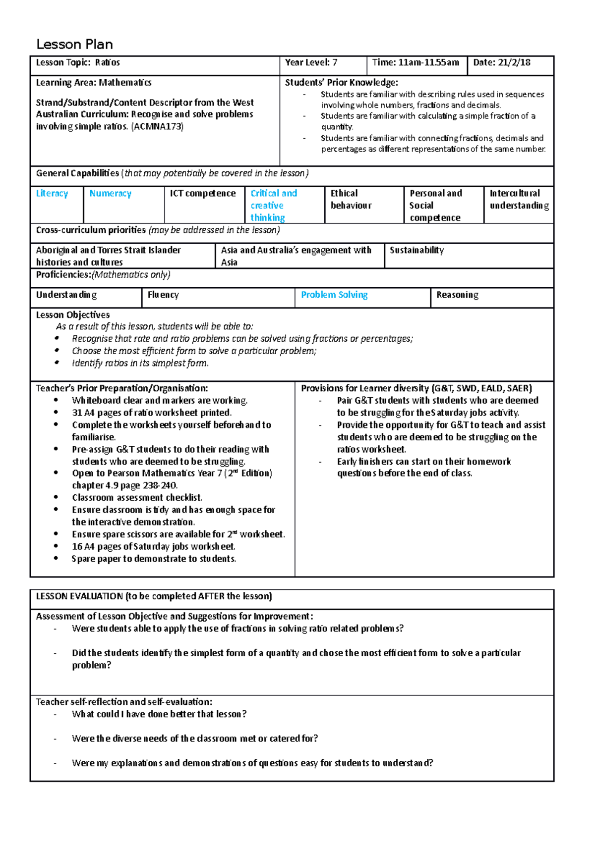 Lesson Plan (assessment 1) - Lesson Plan Lesson Topic: Ratios Year ...