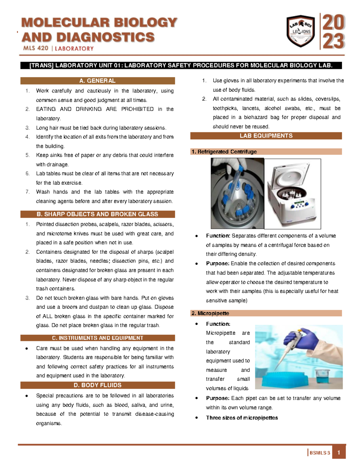 Molecular Biology Lecture Trans - LABORATORY UNIT 01: LABORATORY SAFETY ...