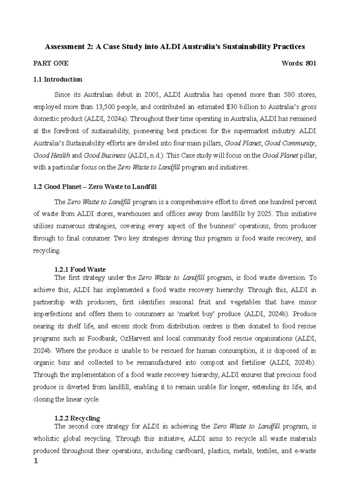 BUS101 Essay Aldi - Assessment 2: A Case Study into ALDI Australia’s Sustainability Practices ...