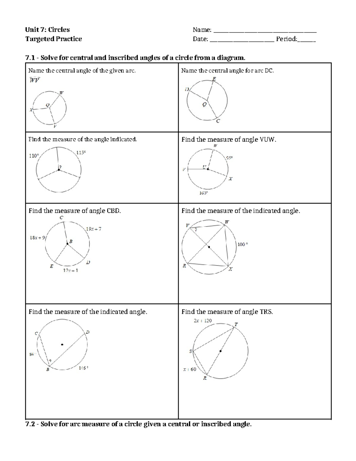 Classwork Circles Targeted Practice - Unit 7: Circles Name