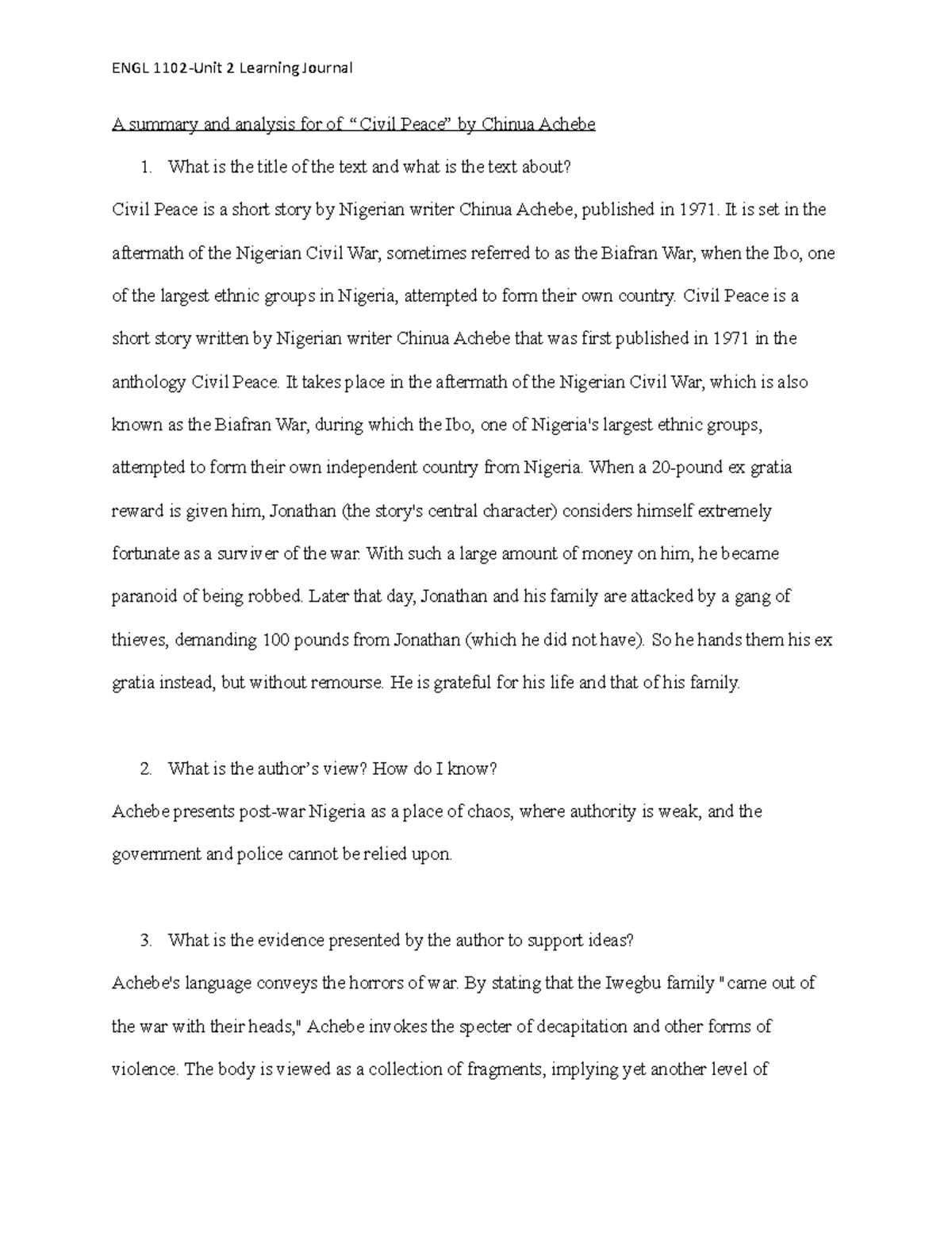 ENGL 1102-Unit 3-Learnng Journal - ENGL 1102-Unit 2 Learning Journal A summary and analysis for ...