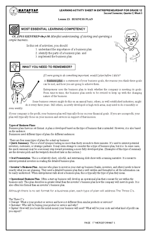 Entrep 2nd Sem quarter 2 week 1 - LEARNING ACTIVITY SHEET IN ...