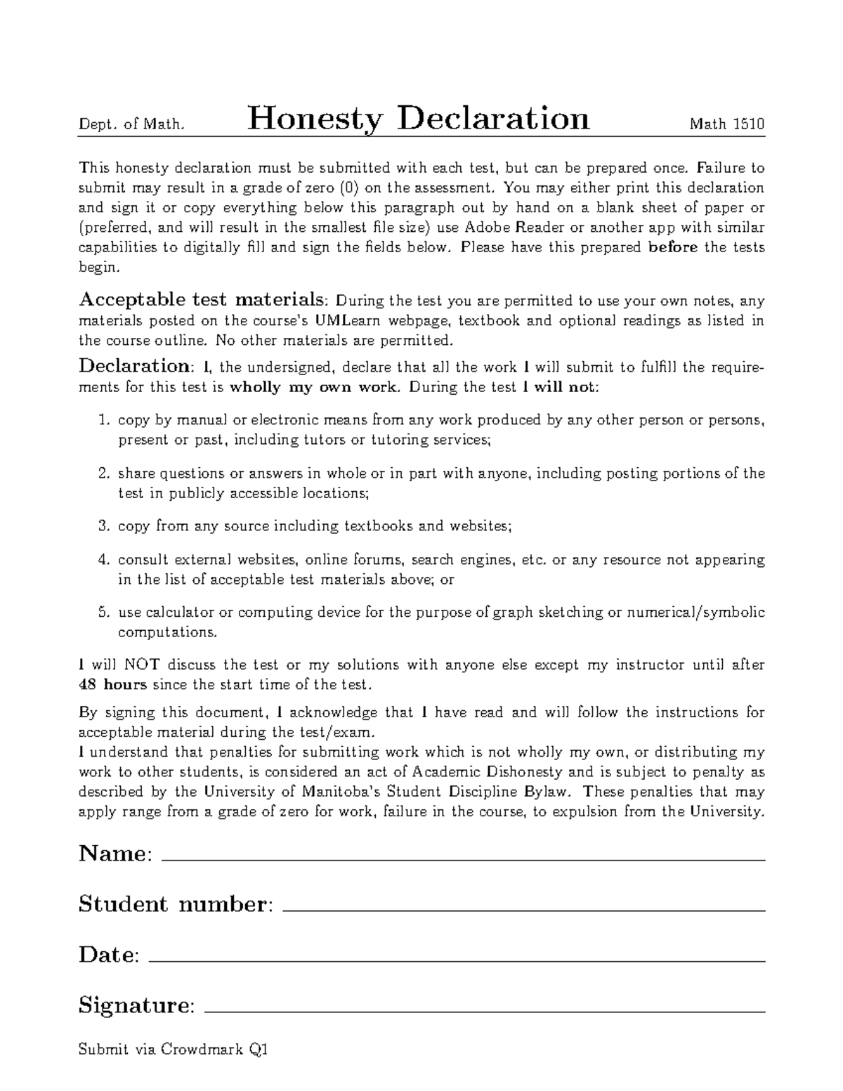 Math 1510 honesty declaration - Dept. of Math. Honesty Declaration Math ...