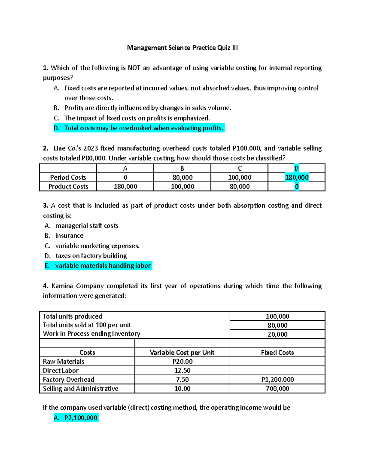 Management Science Practice Quiz III - Management Science Practice Quiz ...