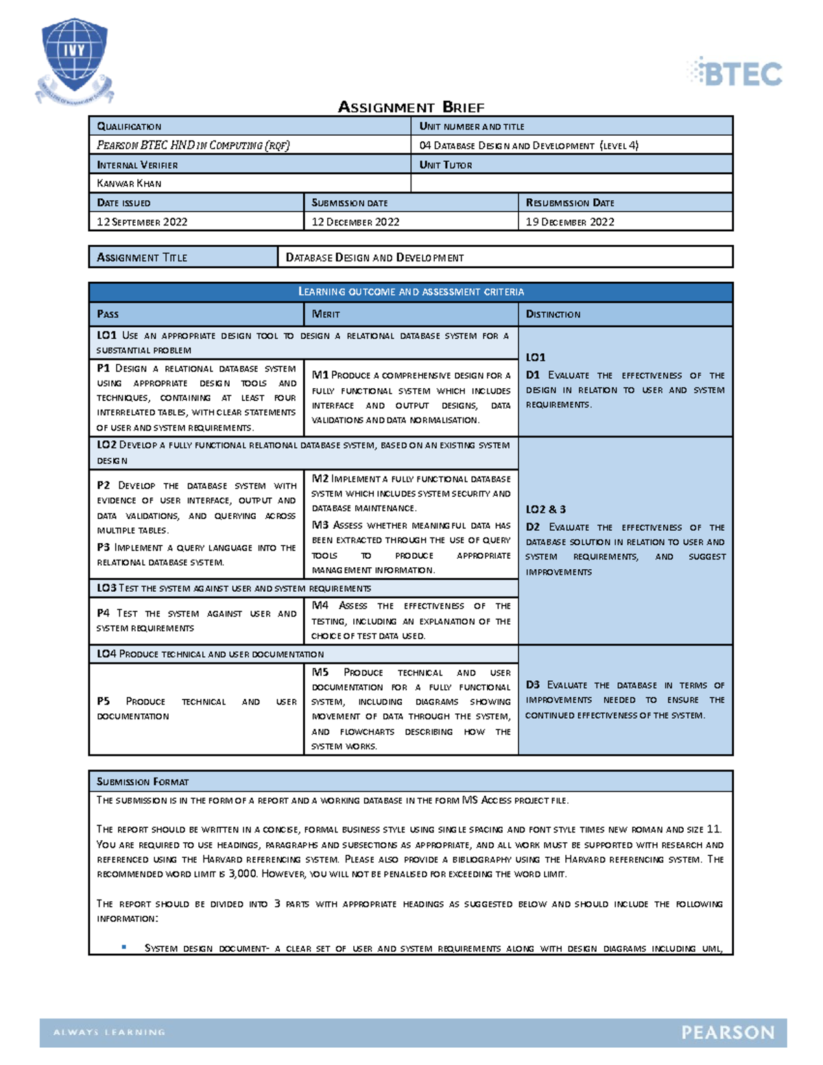 Assignment Brief Unit 04 Database Design and Development Sep 2022 ...