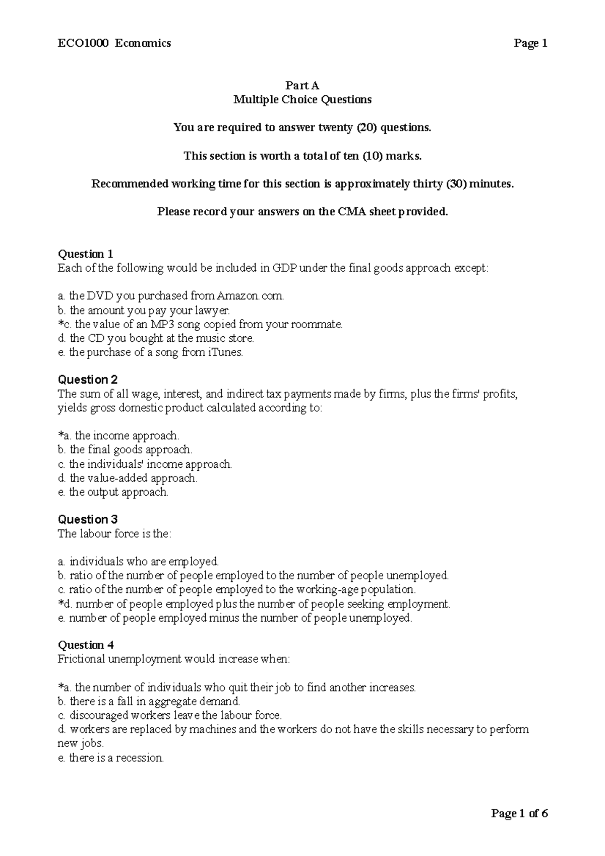 Exam 2015, questions and answers - Economics Page 1 Part A Multiple Choice Questions You are ...