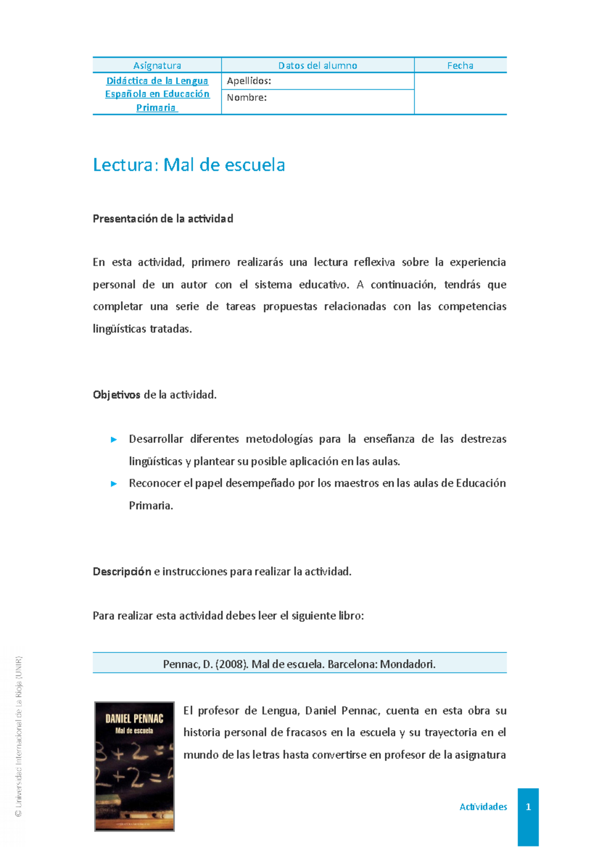 Lectura: mal de escuela - 1 Didáctica de la Lengua Española en ...