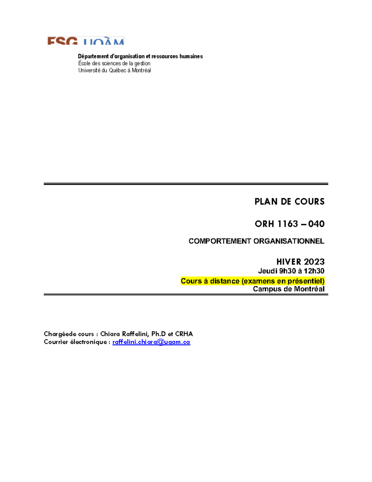 SYL-ORH1163 040 HIV 2023 Craffelini - PLAN DE COURS ORH 1163 – 040 COMPORTEMENT ORGANISATIONNEL ...