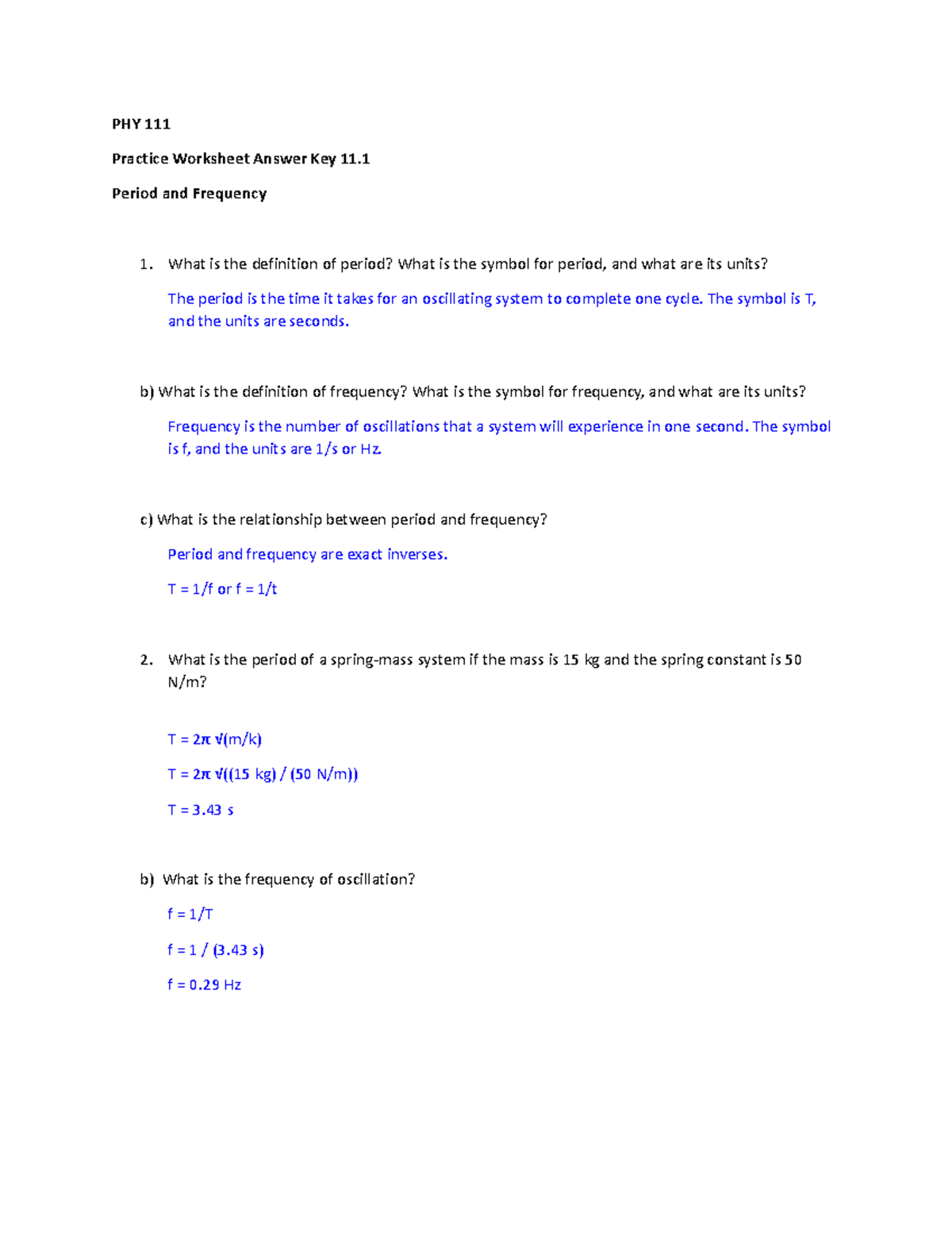 Answer key 11 - PHY 111 Practice Worksheet Answer Key 11. Period and ...