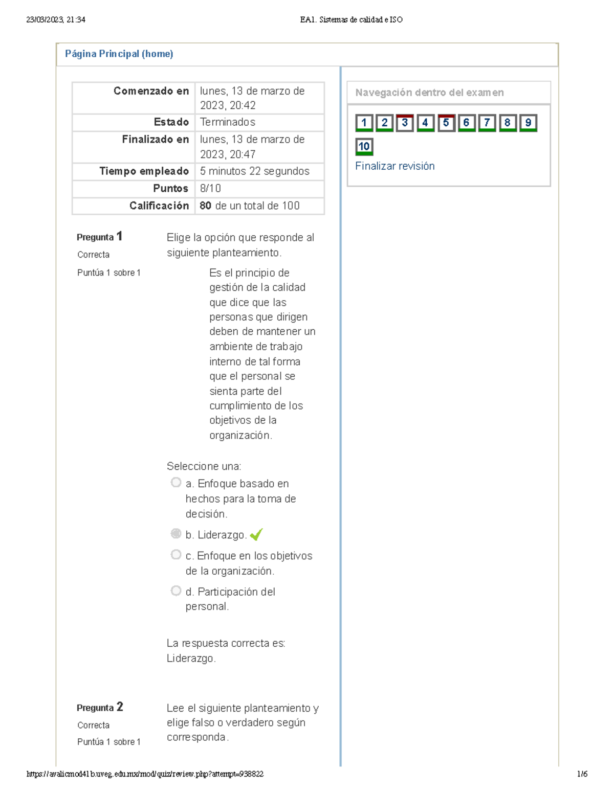 EA1. Sistemas de calidad e ISO - Página Principal (home) Pregunta 1 ...