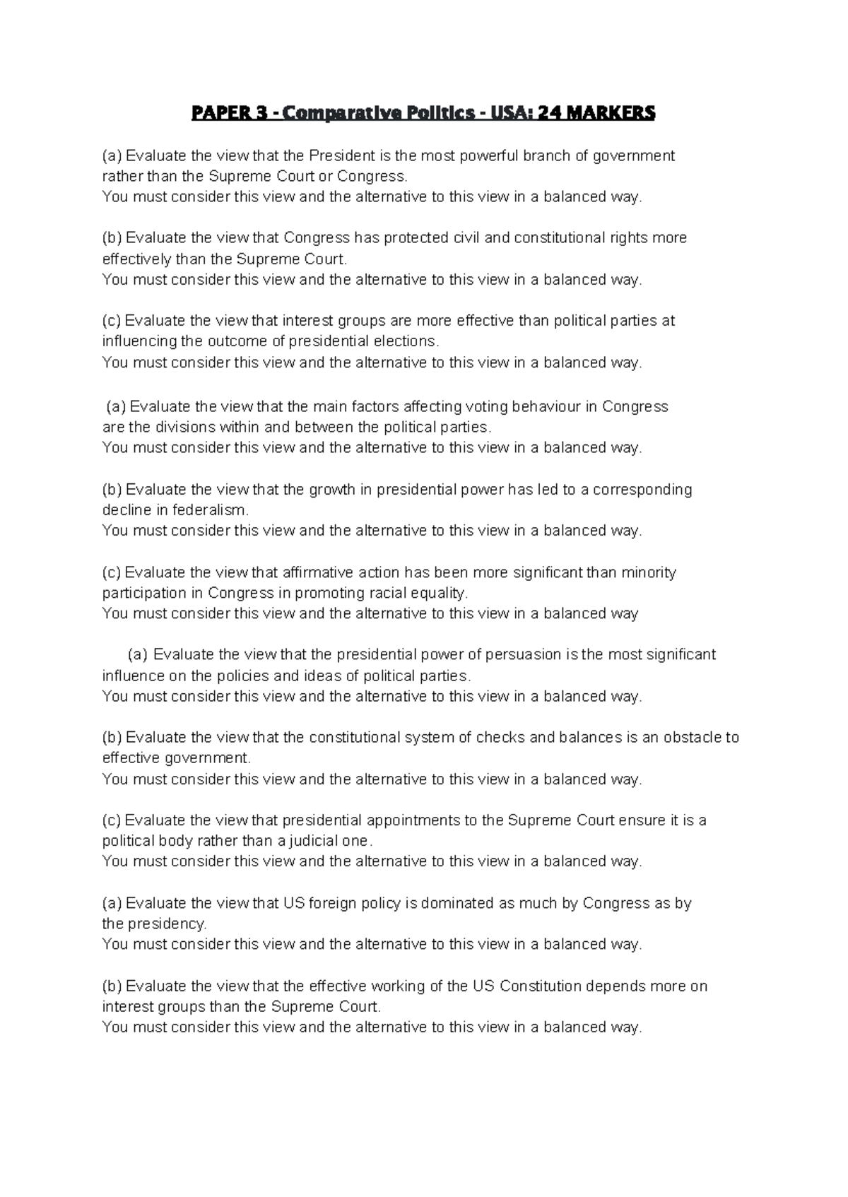 Paper 3 - Comparative Politics - USA 24 Markers - PAPER 3 - Comparative ...