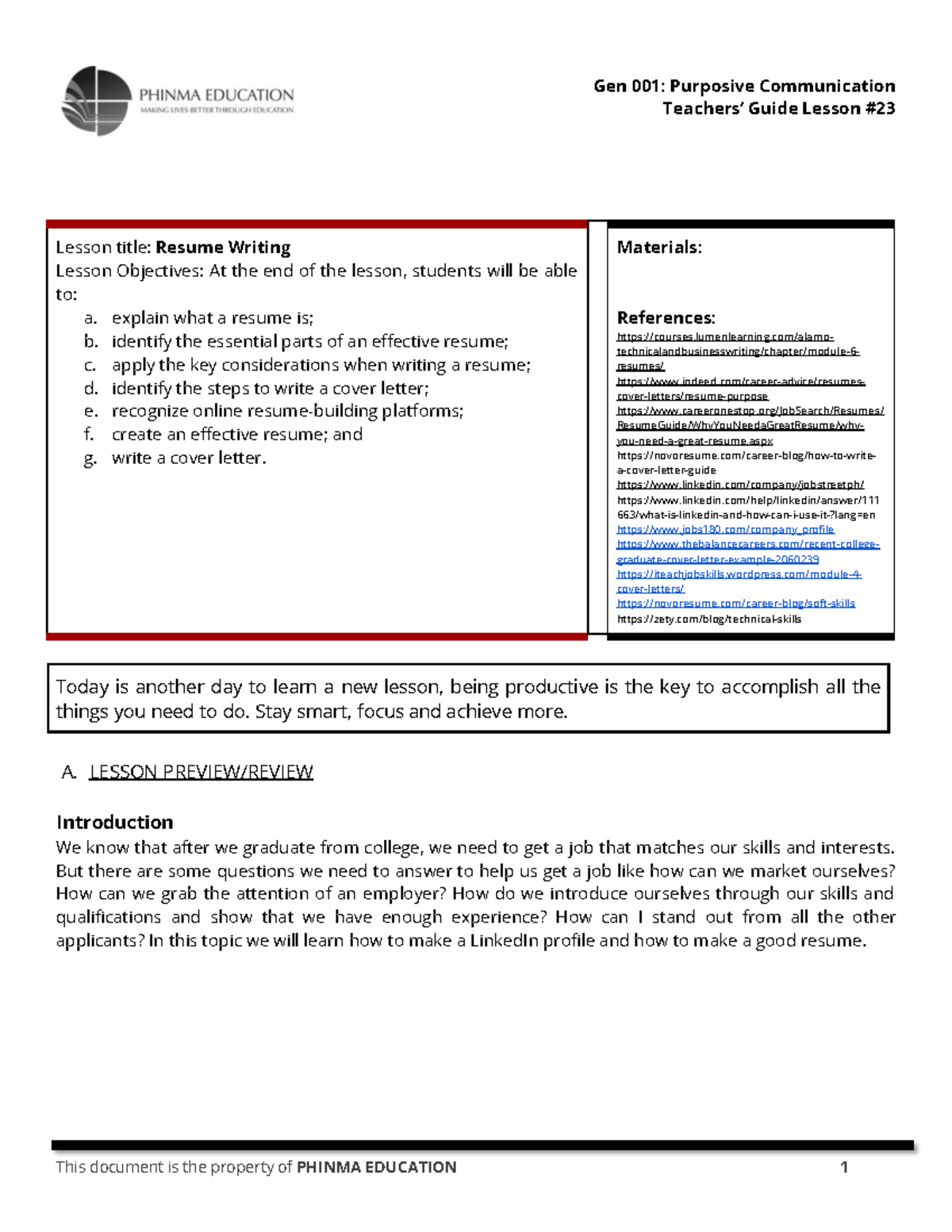 GEN 001 TG 23 - n/A - Teachers’ Guide Lesson # Lesson title: Resume ...