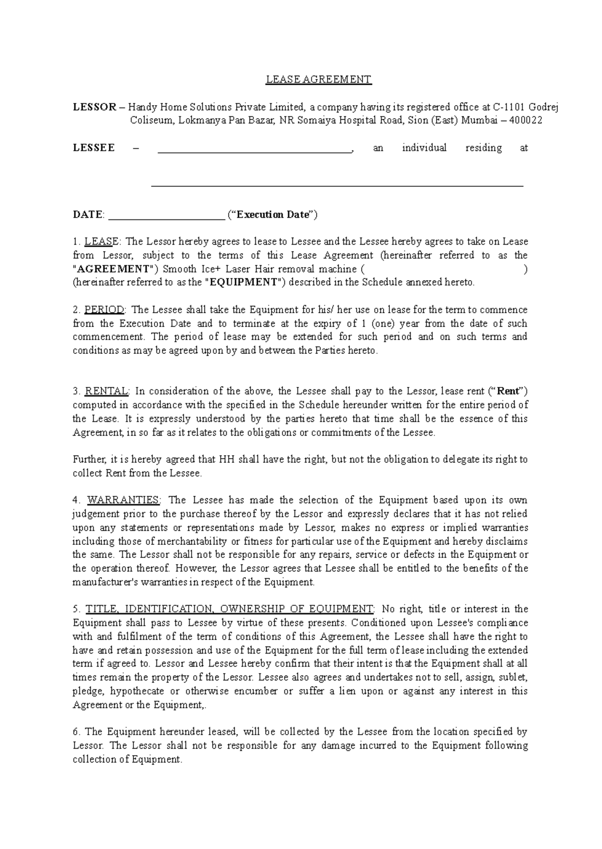 Draft Lease Agreement Laser - LEASE AGREEMENT LESSOR – Handy Home ...