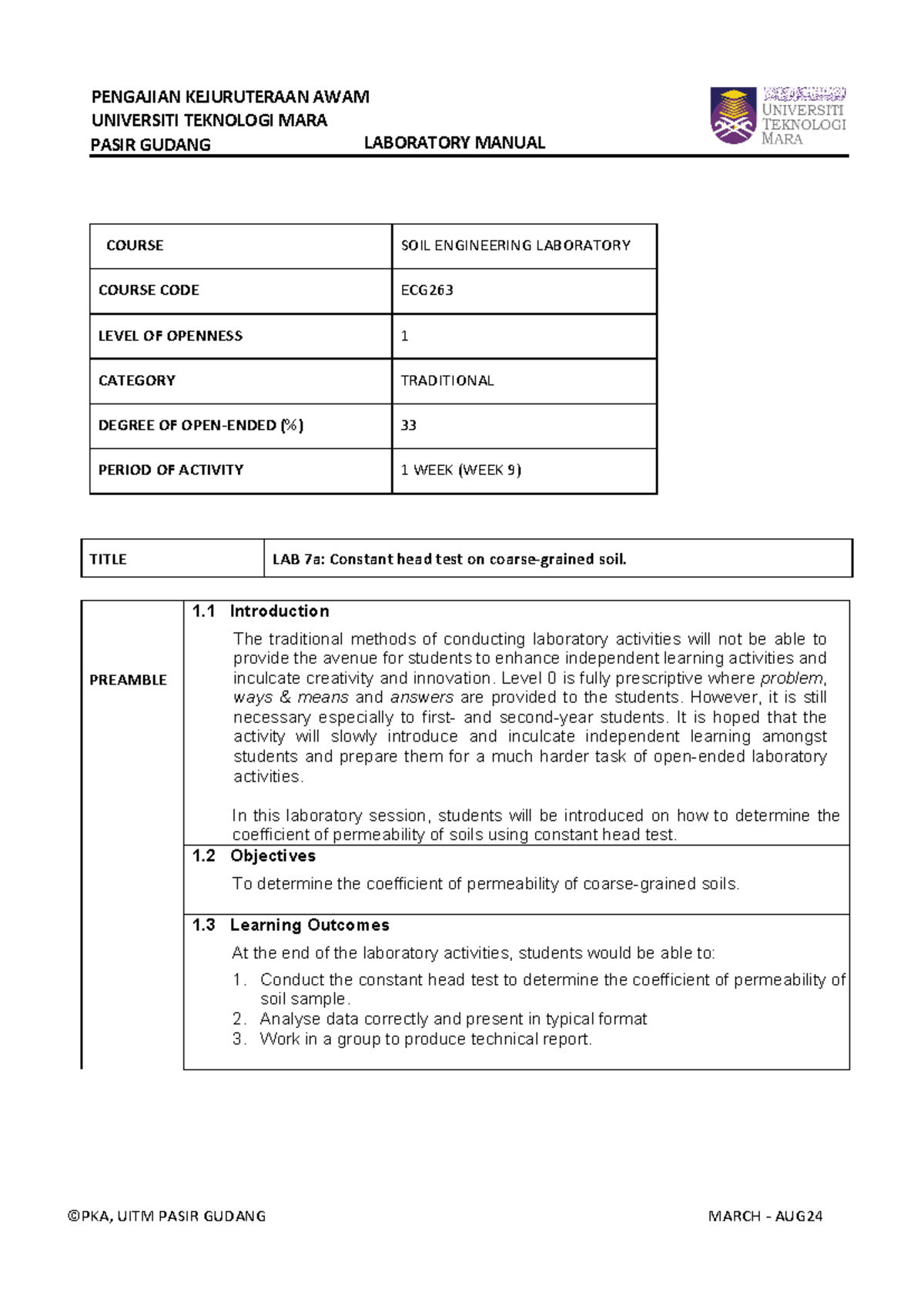 LAB 7 - Constant HEAD (Level 1) Falling HEAD (Level 1) - UNIVERSITI ...