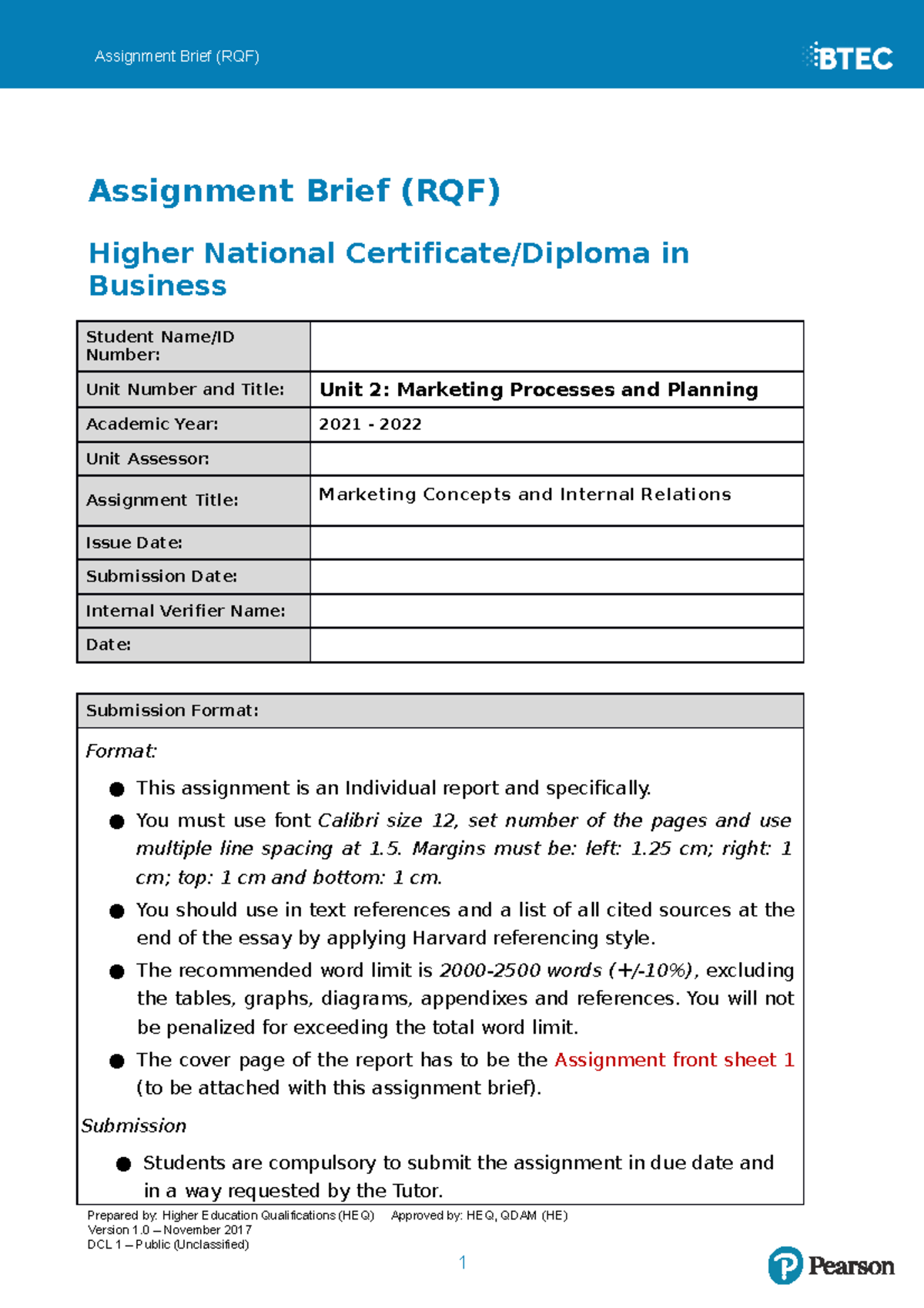 Unit 2 - MKT Planning and Processes-Assignment 1 Brief - Assignment Brief (RQF) Higher National ...