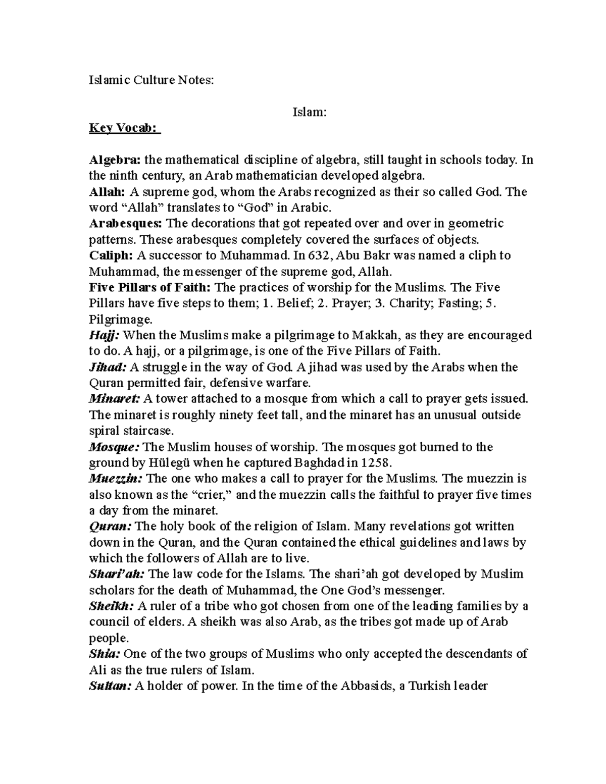 Islamic Culture Notes - Islamic Culture Notes: Islam: Key Vocab ...