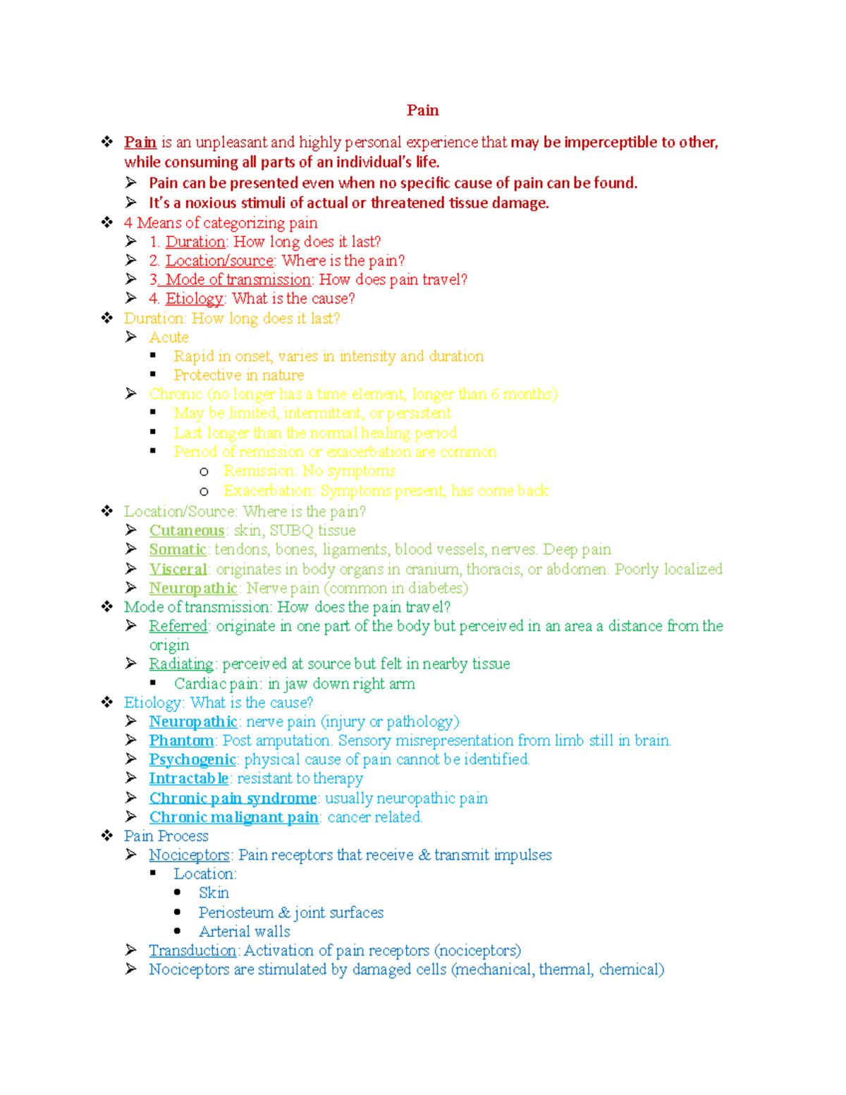 Pain - lecture notes for pain - Pain Pain is an unpleasant and highly ...