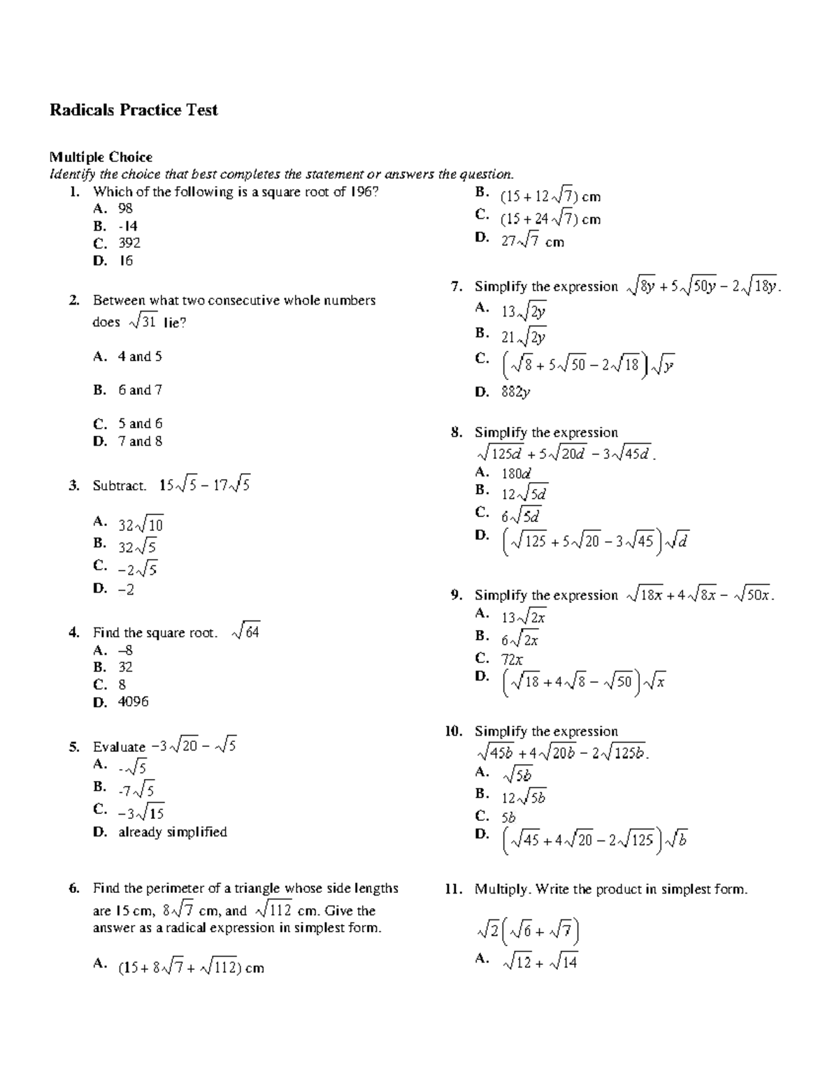 Radicals practice test - Radicals Practice Test Multiple Choice ...