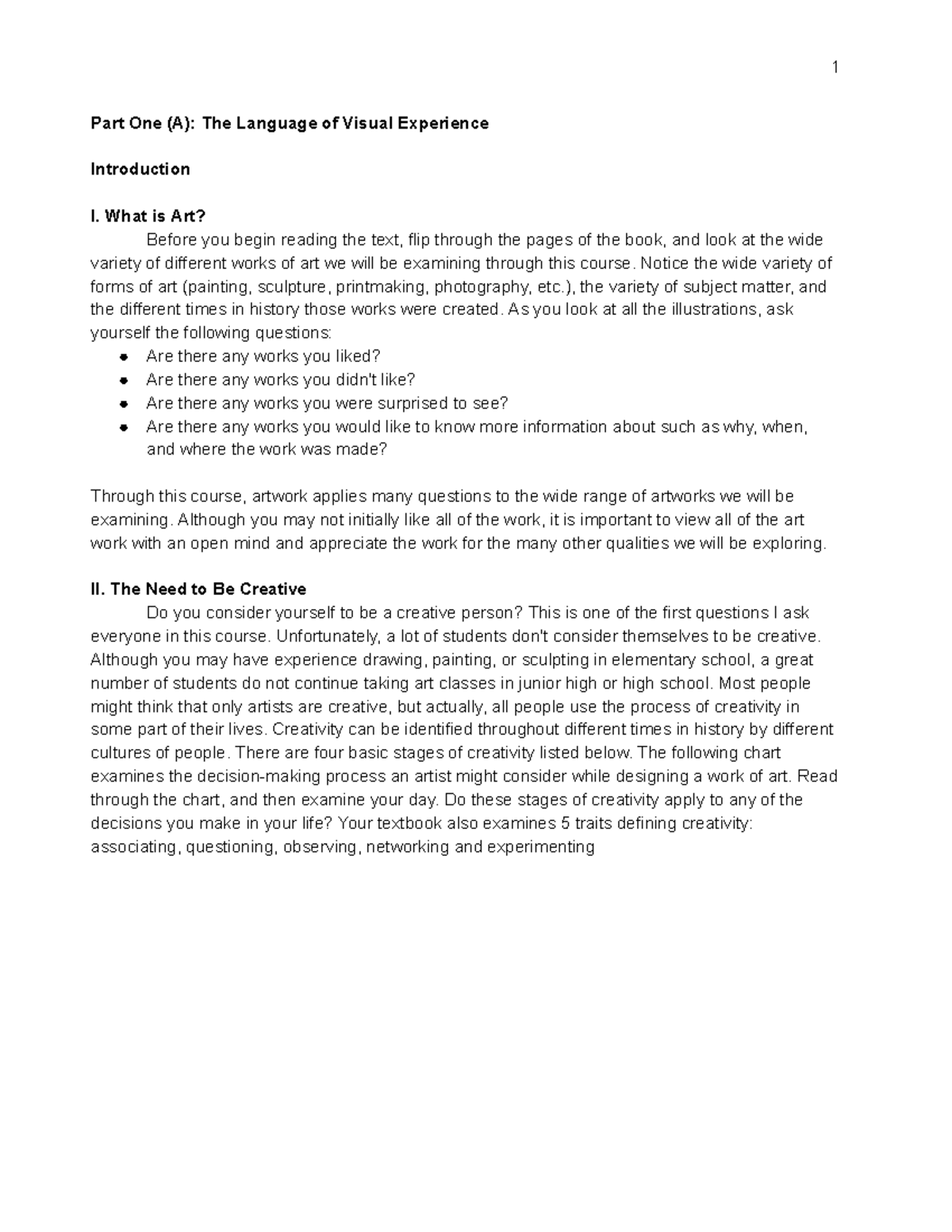 Part 1 - Part One Art Appreciation - Part One (A): The Language of ...