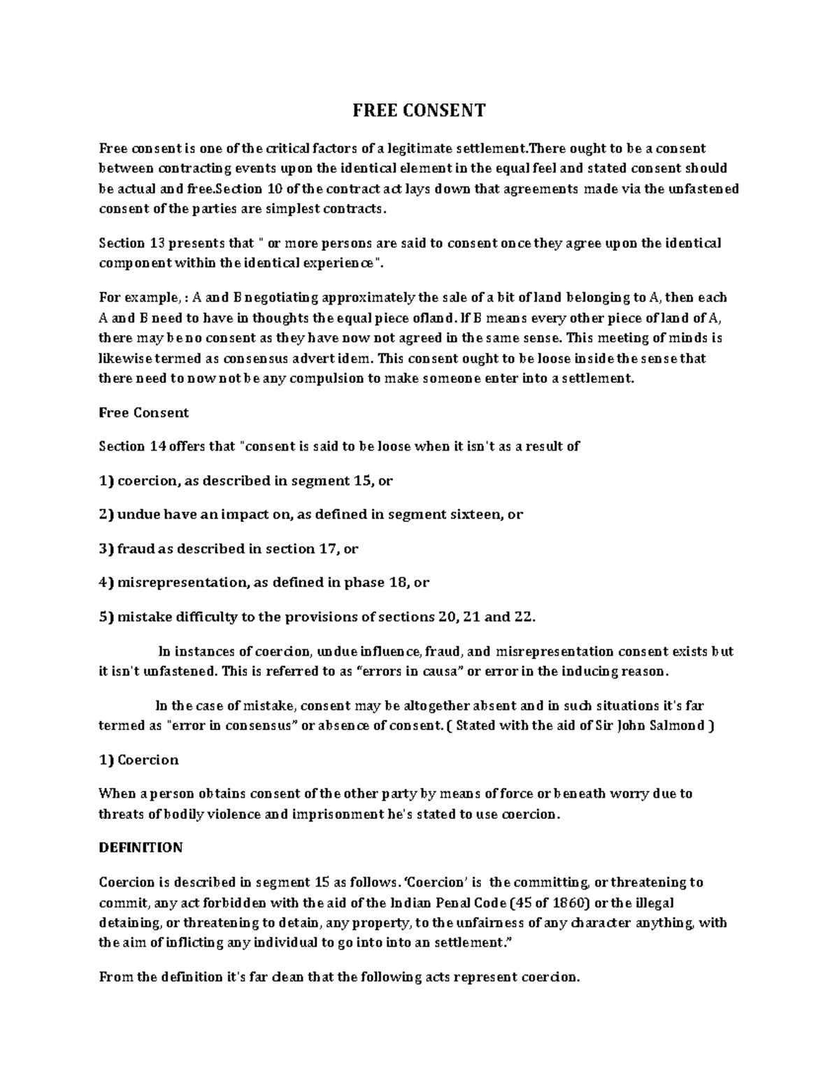 FREE Consent - Lecture notes - Business law - MG University - Studocu