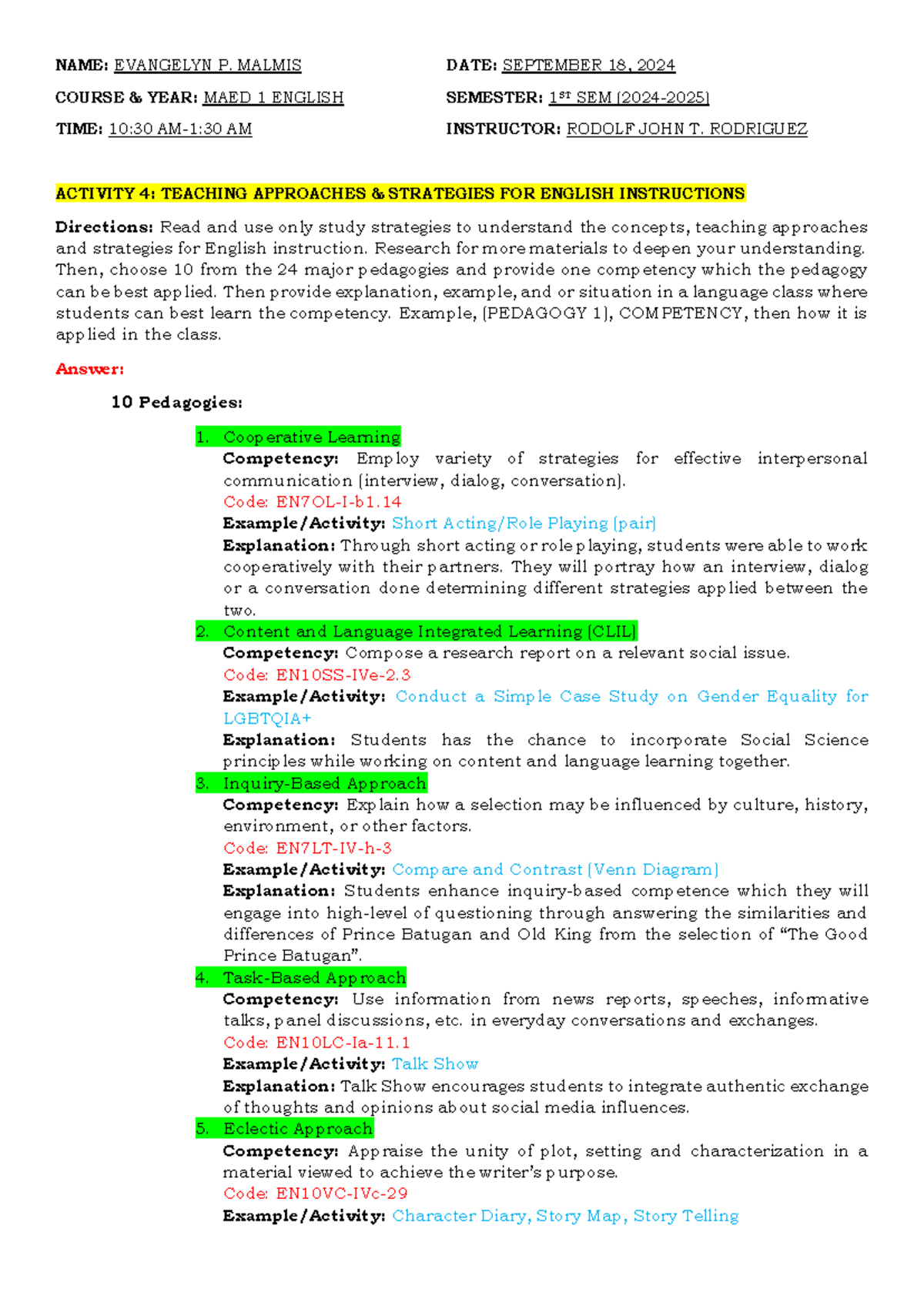 Activity 4 - Teaching Approaches & Strategies FOR English Instructions ...